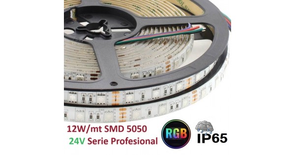 Tira LED Flexible 24V 12W/mt 60 Led/mt SMD 5050 IP65 RGB Serie Profesional, Venta por metros